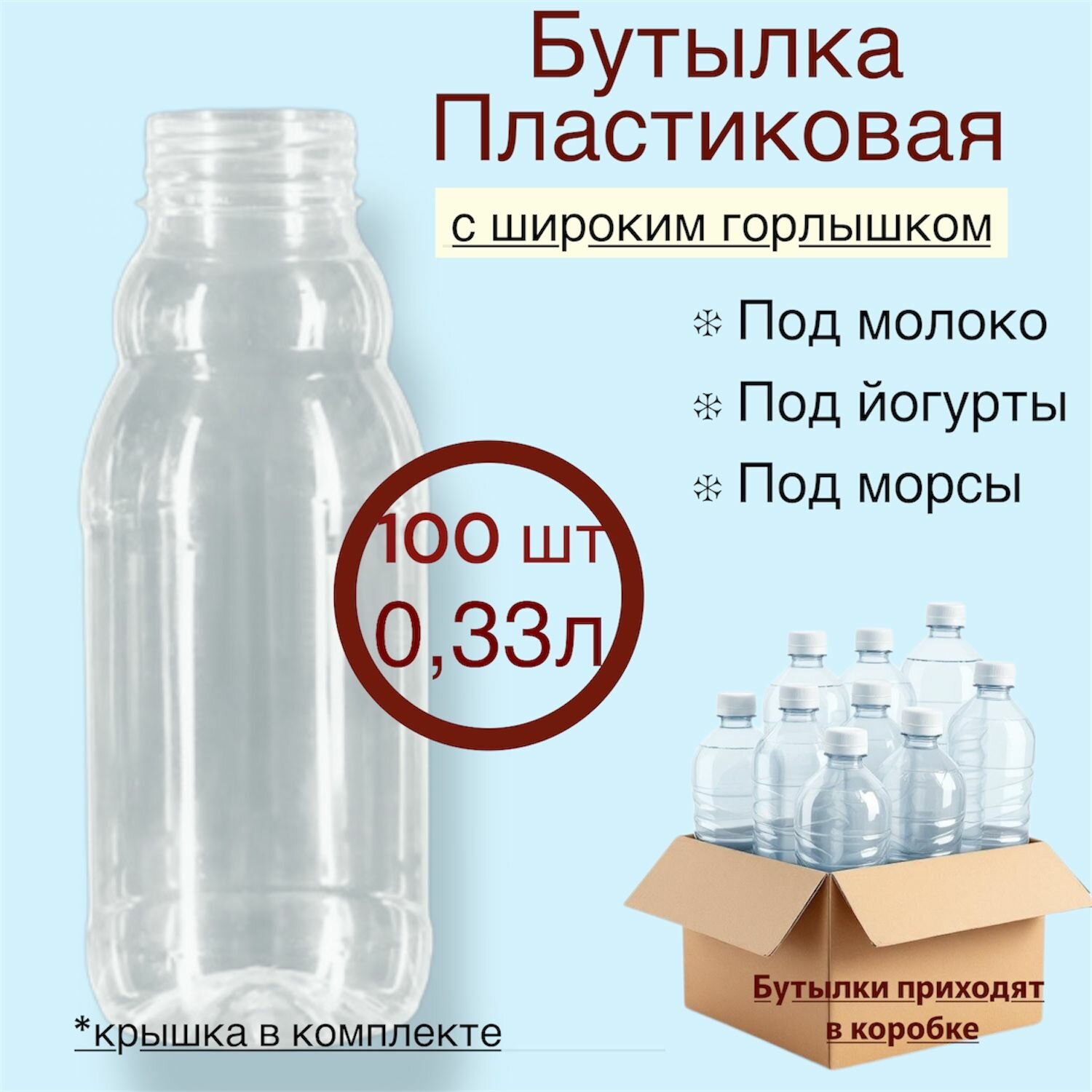 Бутылка пластиковая, прозрачная ПЭТ 0,33л с широким горлышком и крышкой (упаковка 100 шт)