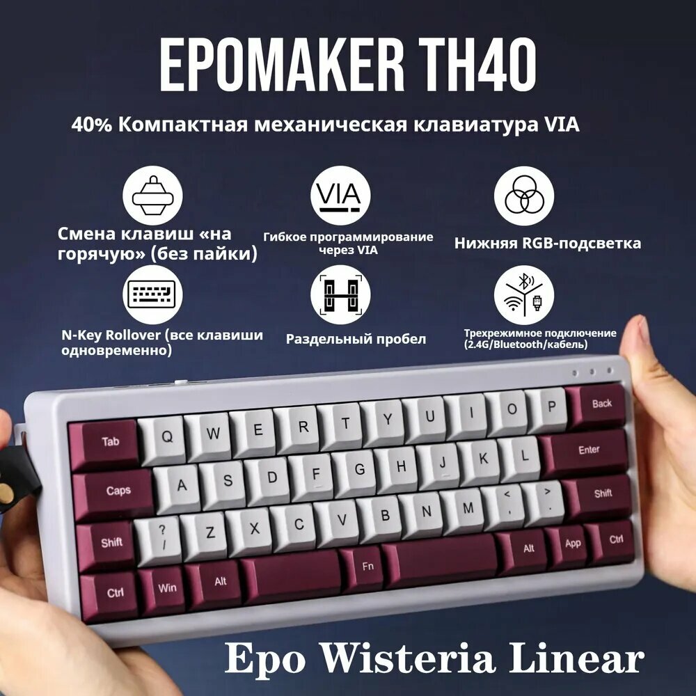 EPOMAKER Игровая клавиатура беспроводная EPOMAKER TH40: 40% компактная клавиатура для кастомайзинга с QMK/VIA прошивкой, горячей заменой свитчей и подключением Bluetooth/2.4 ГГц/USB-C, (Epo Wisteria Linear), Английская раскладка, белый, сиреневый