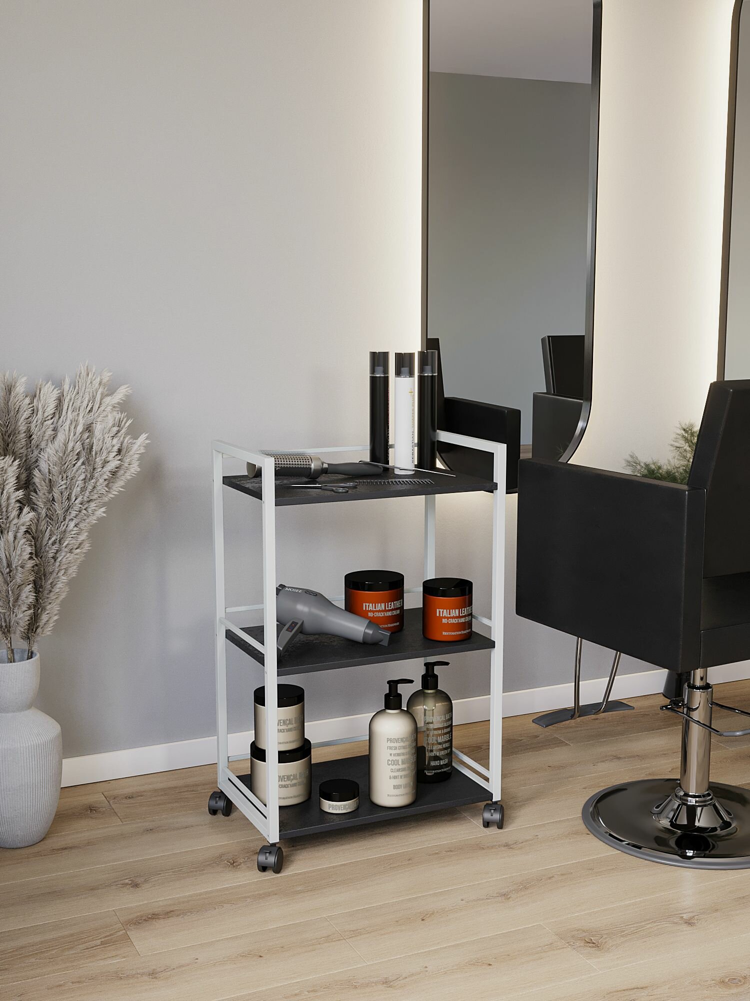 Этажерка косметологическая для мастера подкатная на колесиках белый/черный