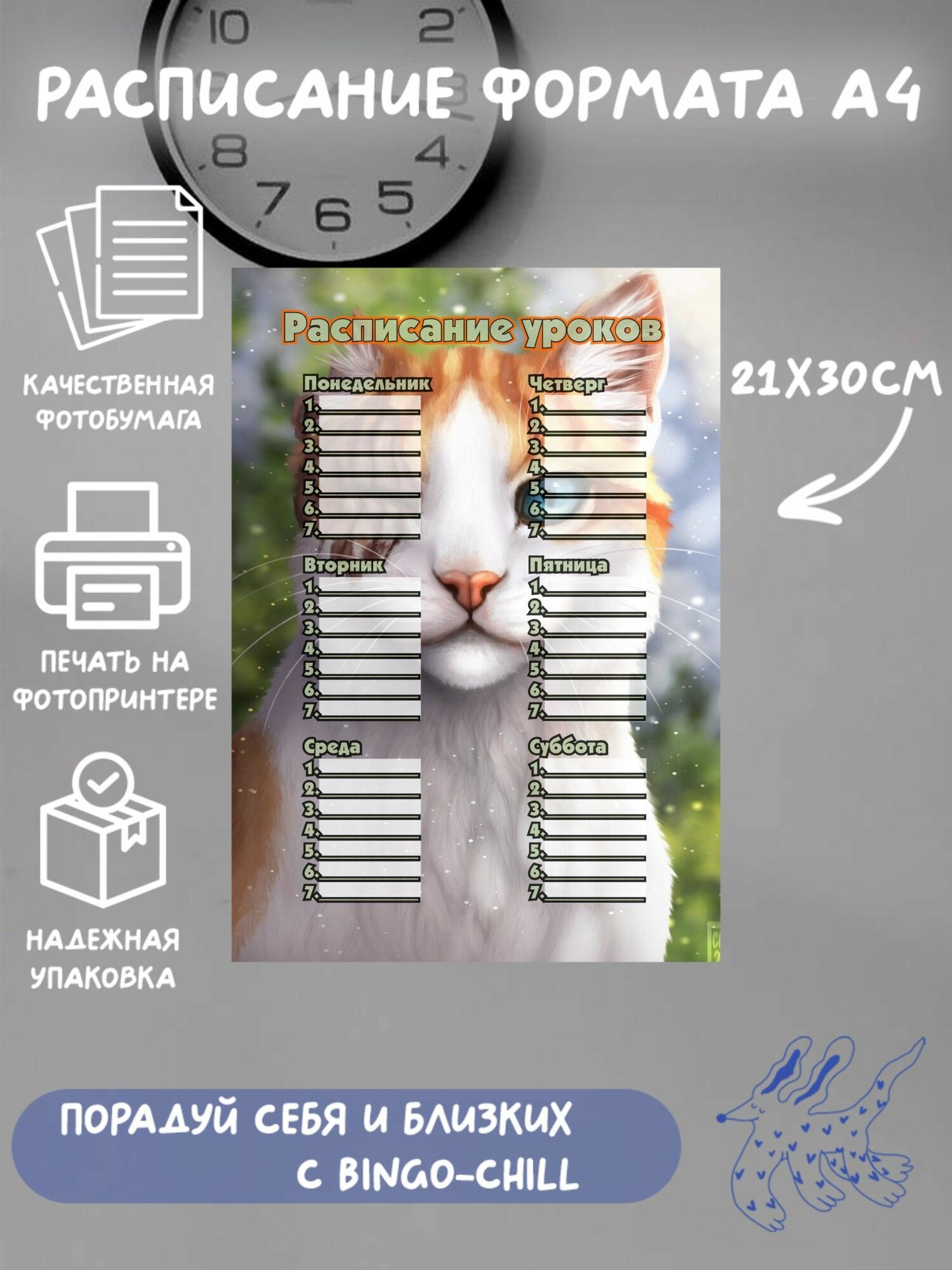 Расписание уроков формата А4, с принтом "Коты воители"