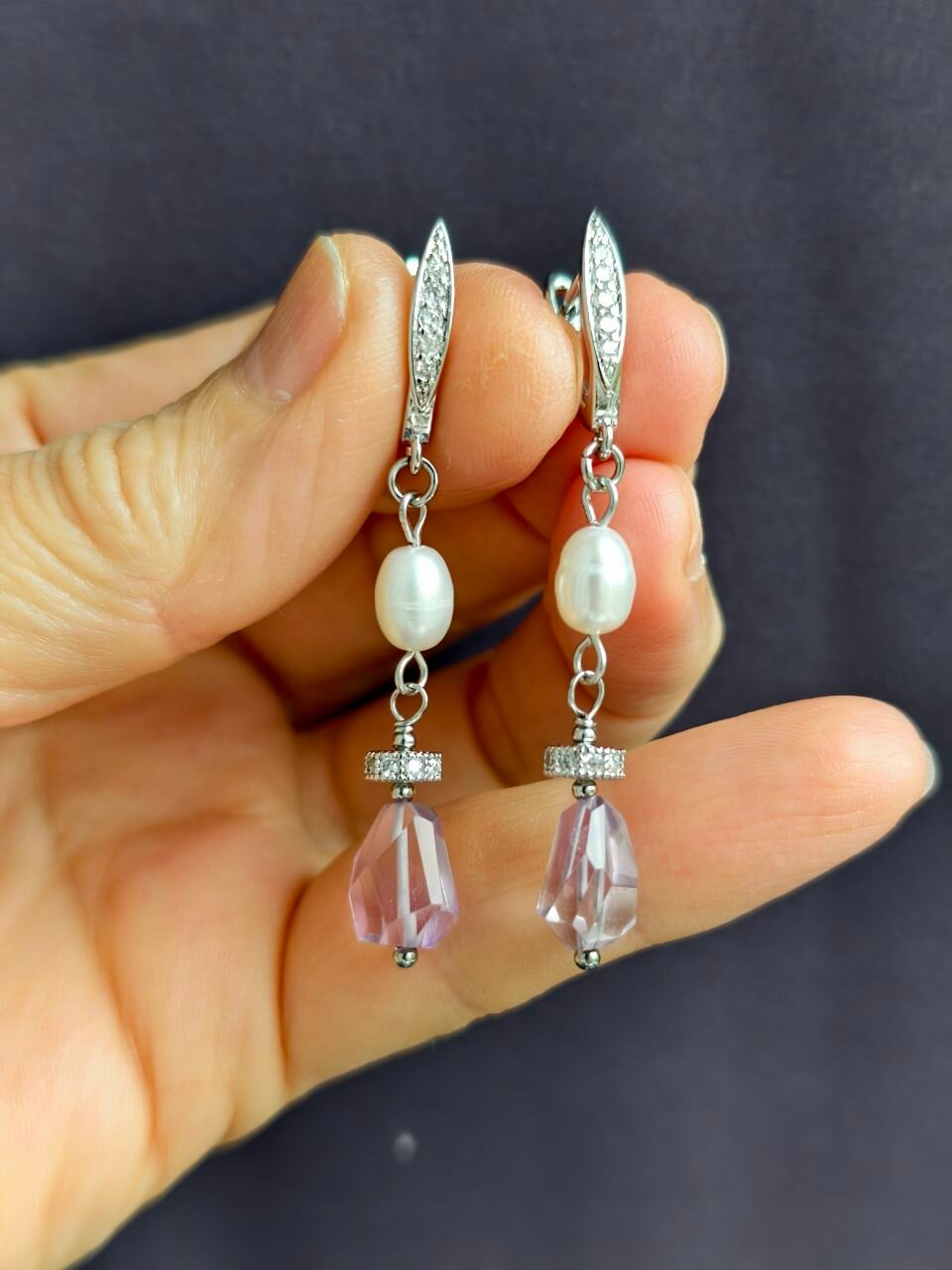 Серьги, жемчуг культивированный, аметист