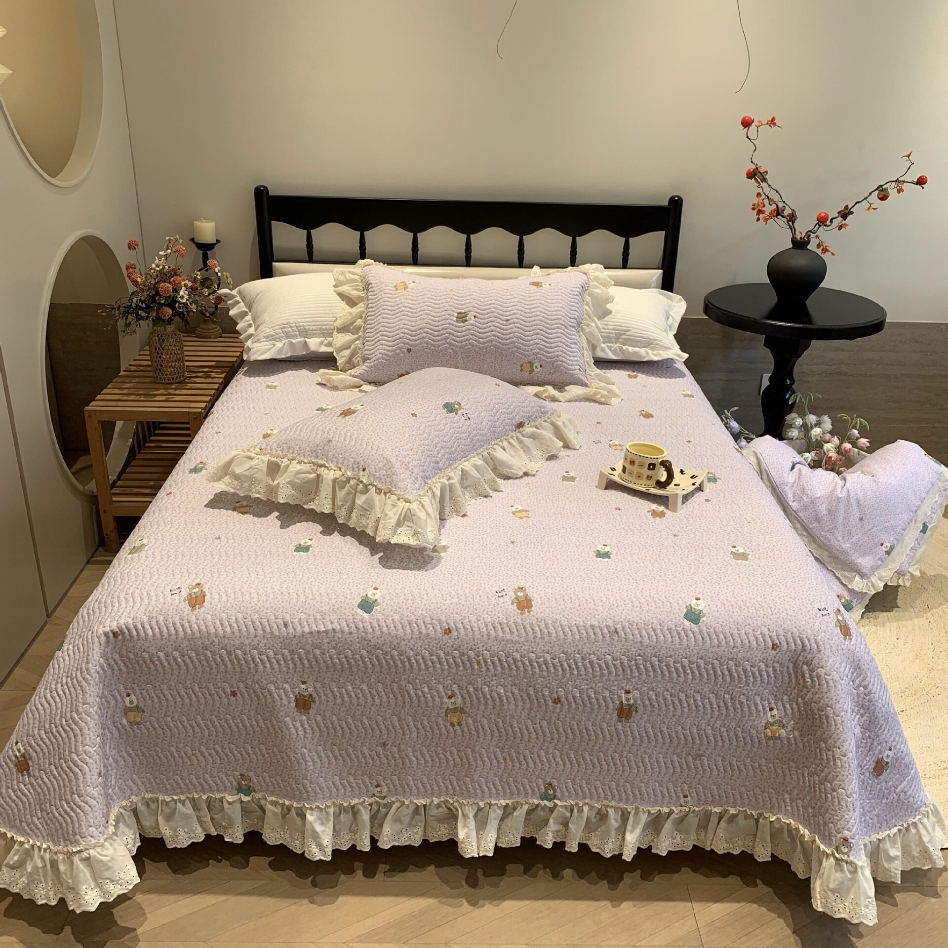 Французское кружевное хлопковое стеганое покрывало, комплект из трех предметов, машинная стирка, стеганое утолщенное