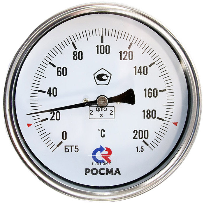 Термометр осевой Росма БТ-51.212 до 450°С L=150мм G1/2 1.5 биметаллический общетехнический 100 мм, тип БТ-51.212, осевое присоединение, шкала 0-450°С, длина штока L=150 мм, резьба G1/2, класс точности 1.5, с защитной погружной гильзой из нержавеющей стали