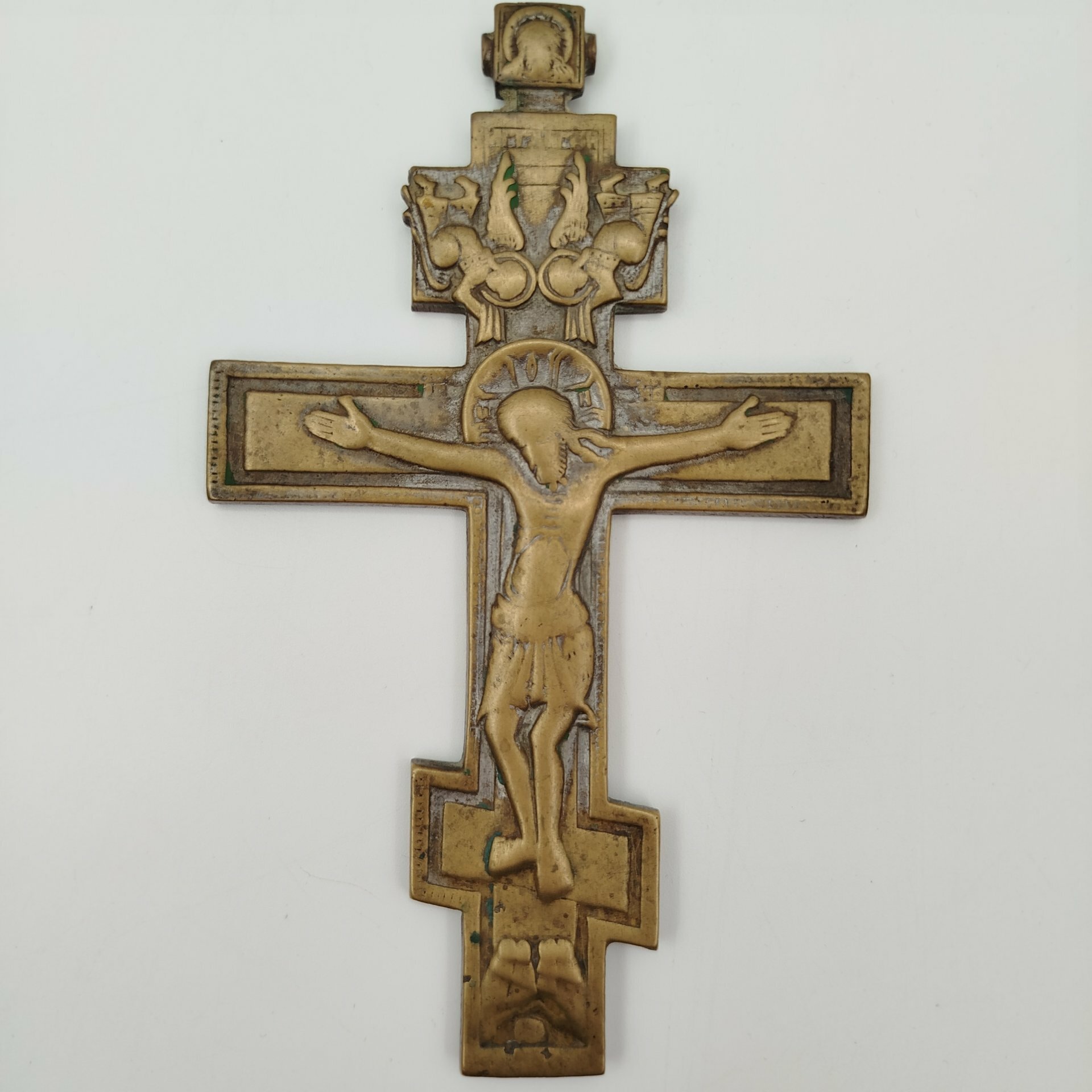 Крест киотный малый "Распятие Христово" (с оглавием), латунь, Российская империя