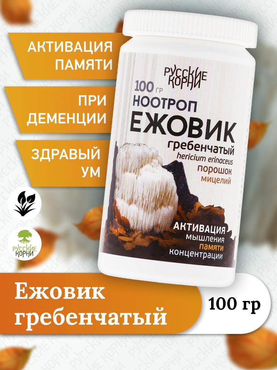Гриб Ежовик Гребенчатый (Герициум) Порошок Мицелия для Нервной Системы, 100 г - "Русские Корни" / Ноотроп