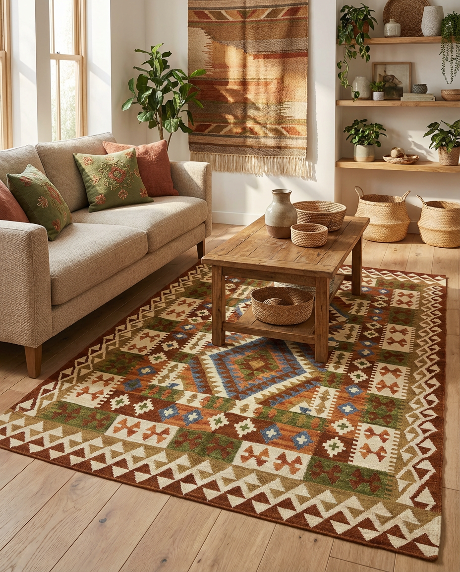 Индийский шерстяной килим Navaho ручной работы , Размер: 170х244 см.