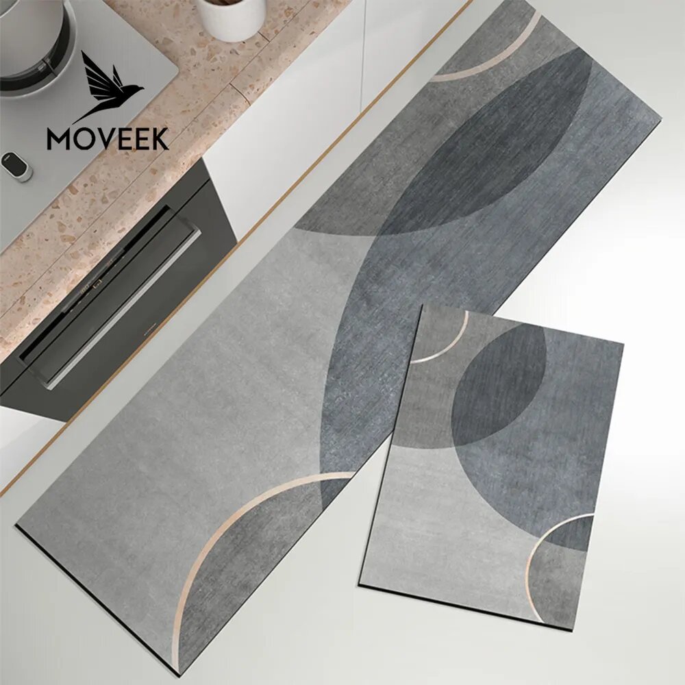 Коврик на кухню и ванную нескользящий безворсовый, влаговпитывающий, ковровая дорожка не пропускающая жидкость на пол серо-золотой большой