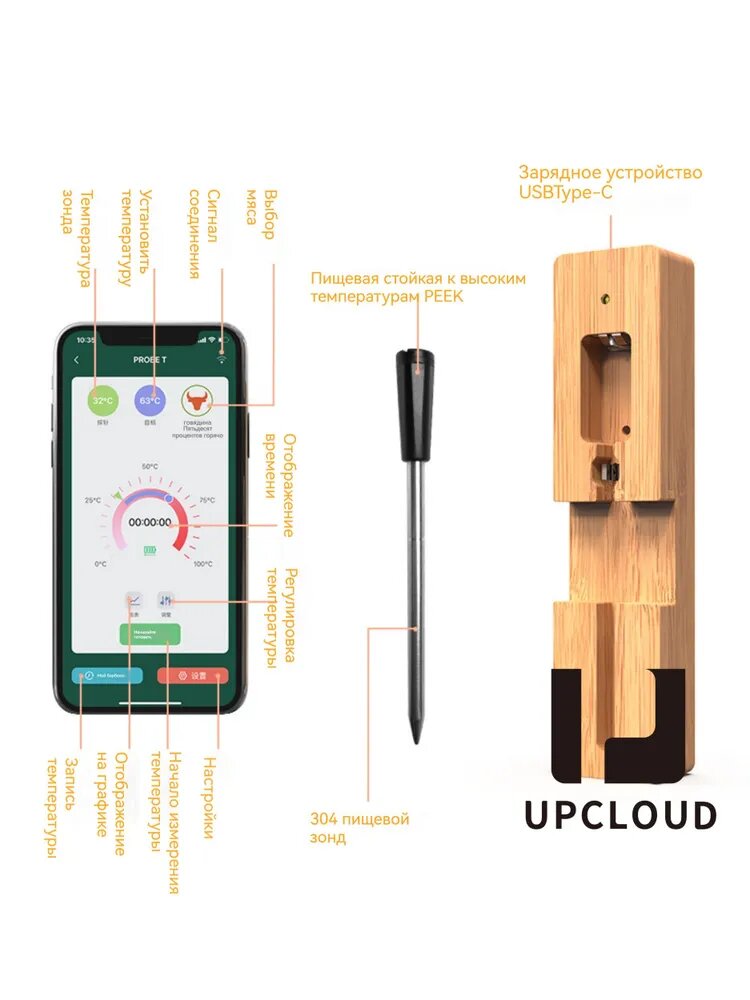 UPCLOUD Кулинарный термометр цифровой для духовки и еды с 12 см щупом — фото 1