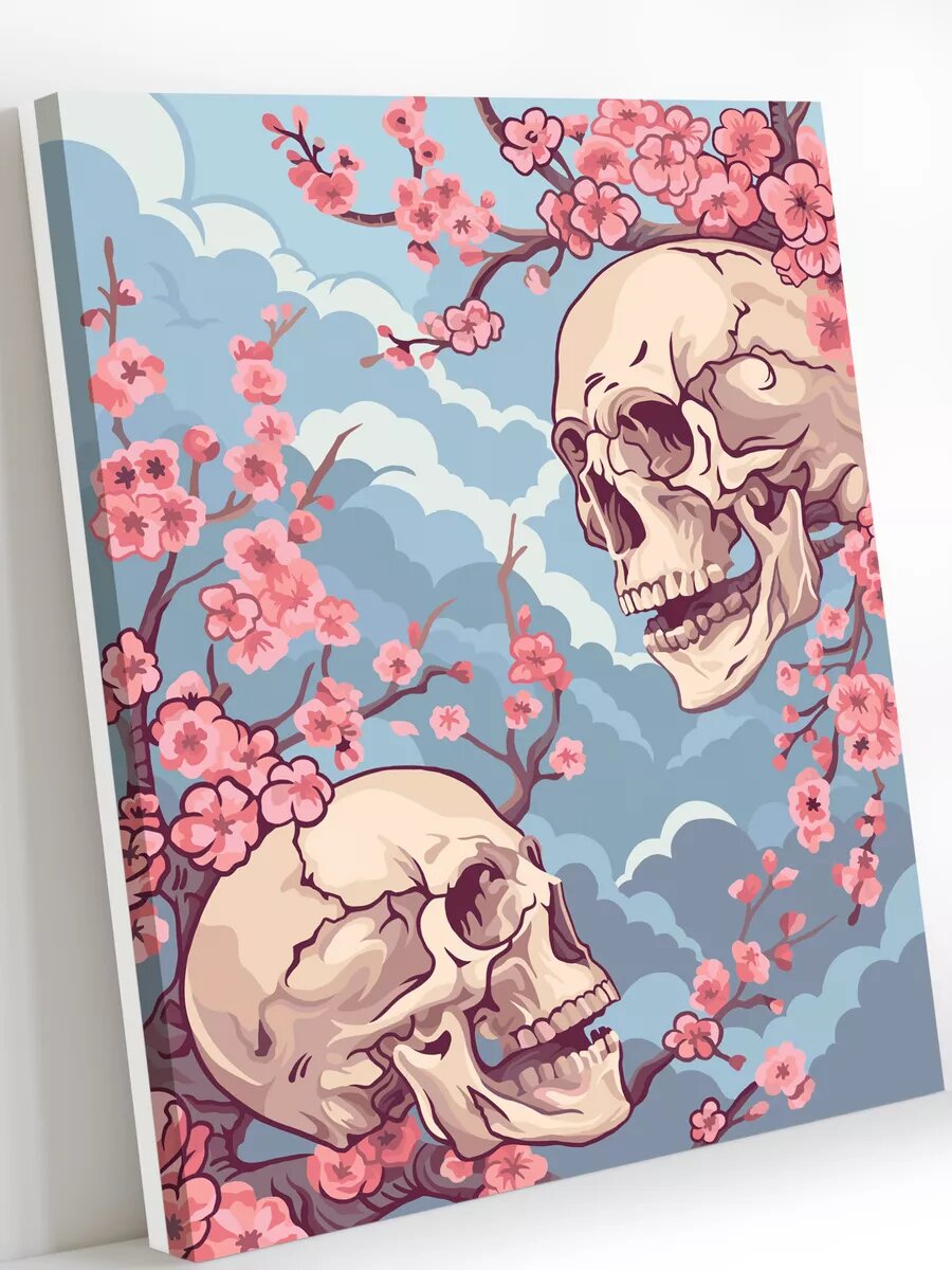 Черепа в сакуре Картина по номерам на холсте 40х50 см