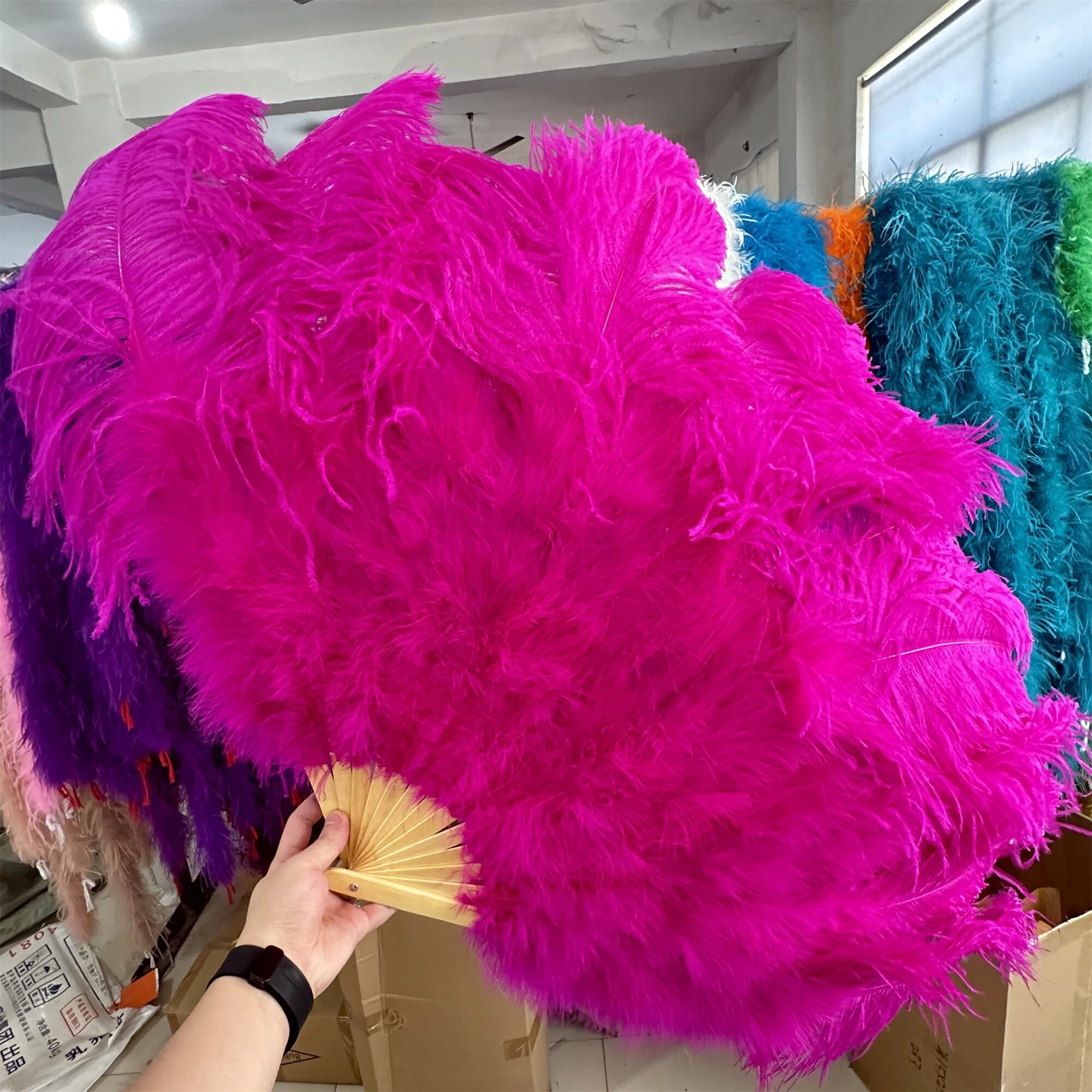 Складные розовые веера из страусиных перьев Розовый, Rose Red, 100CM 1Pair(two)