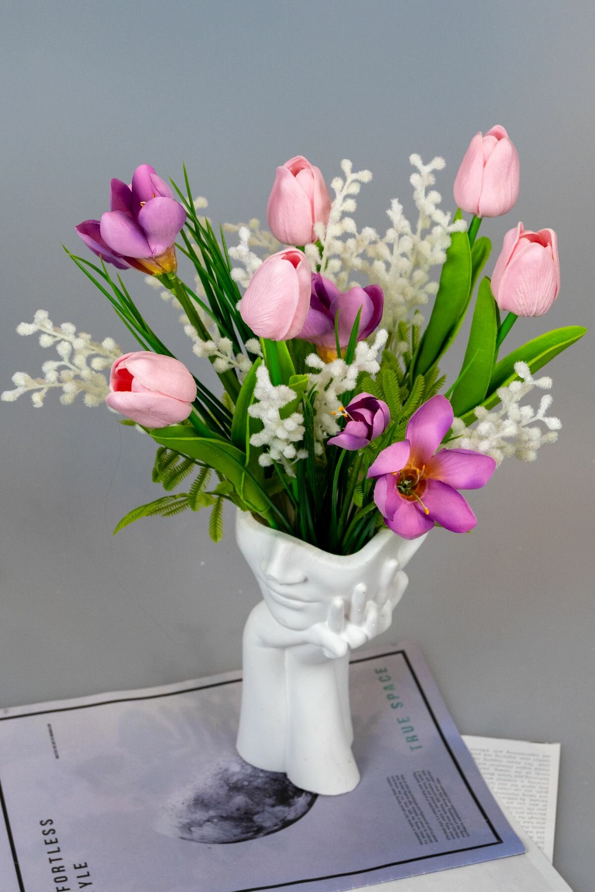 Искусственные цветы для декора в вазу Букет весенний композиция с тюльпанами крокусами и мимозой №7