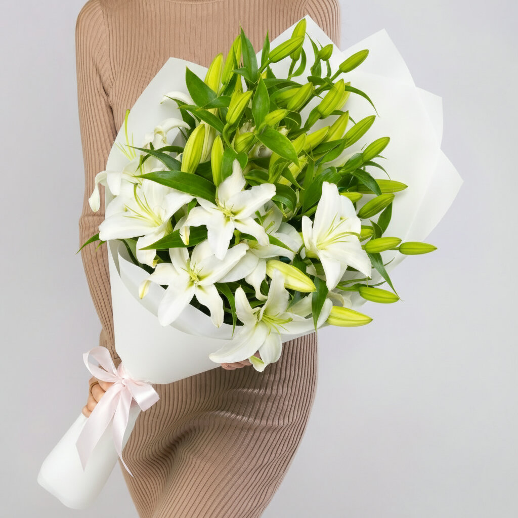 Букет Мегацвет24, "Восточные Лилии", 5 цветов, дизайнерская упаковка