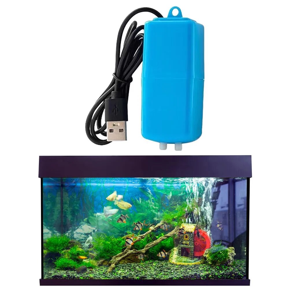 Компрессор для аквариума портативный бесшумный с двумя выходами, USB-питание, синий