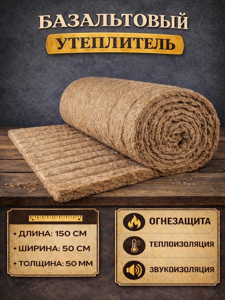 Базальтовый мат прошивной для теплоизоляции труб, дымоходов, бань и саун (1500х500х50) мм взтм