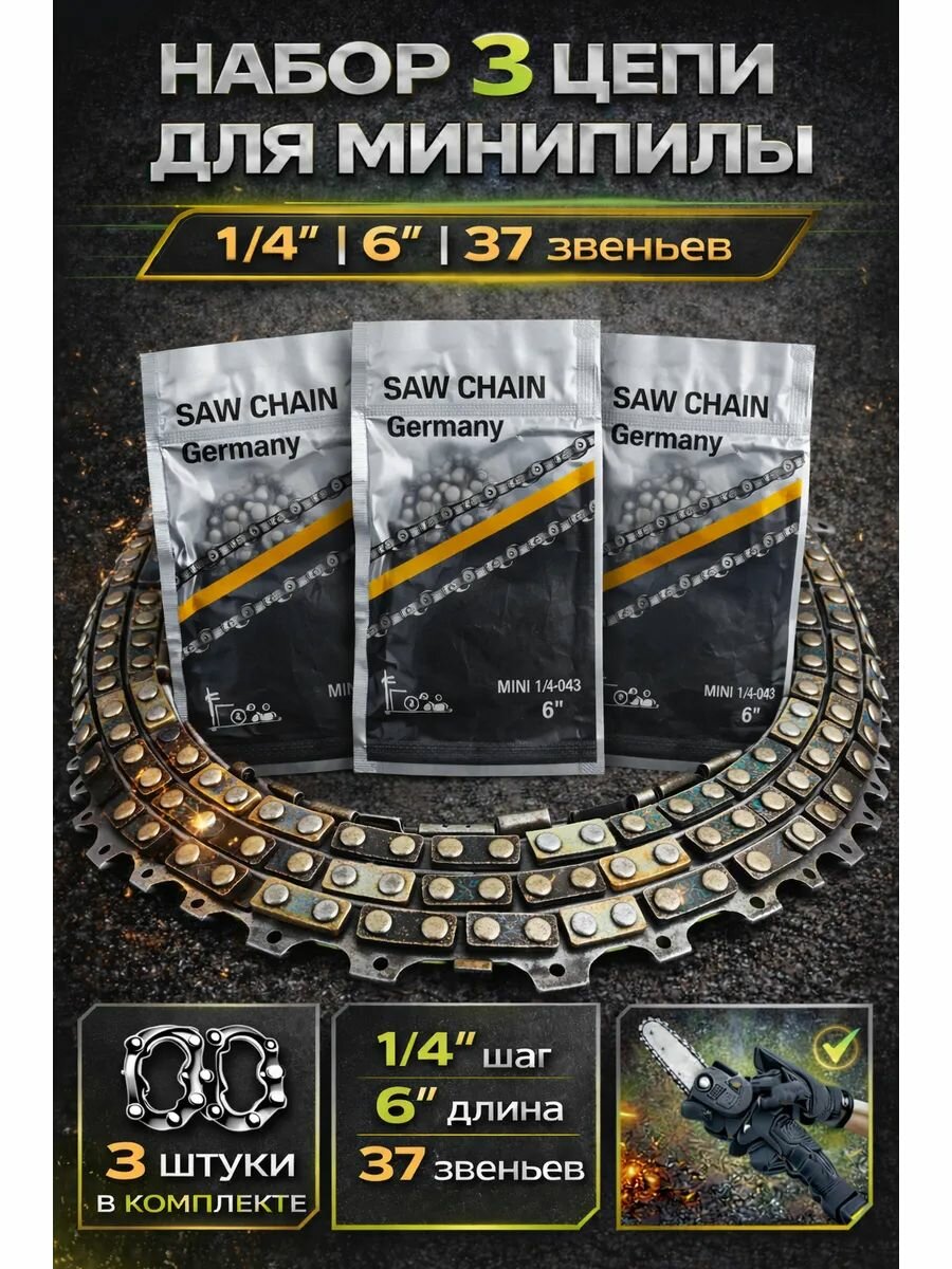 Цепь для мини пилы 6 дюймов 1/4 шаг 37 звеньев усиленная, для аккумуляторных мини-пил 21V