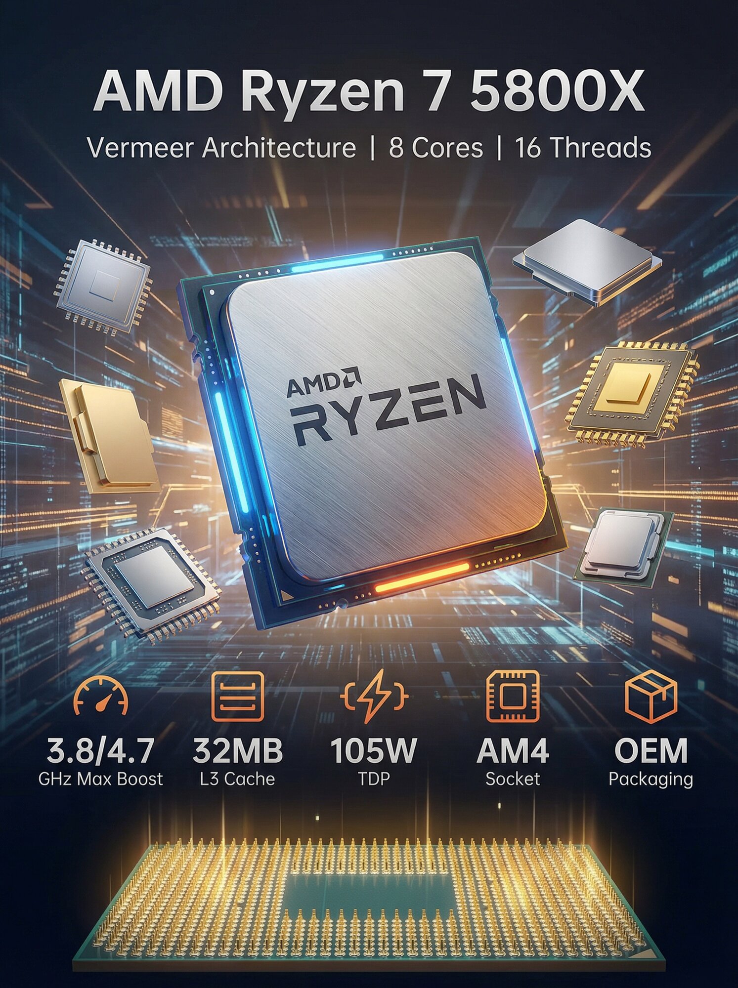 Процессор CPU AM4 AMD Ryzen 7 5800X (Vermeer, 8C/16T, 3.8/4.7GHz, 32MB, 105W) OEM
