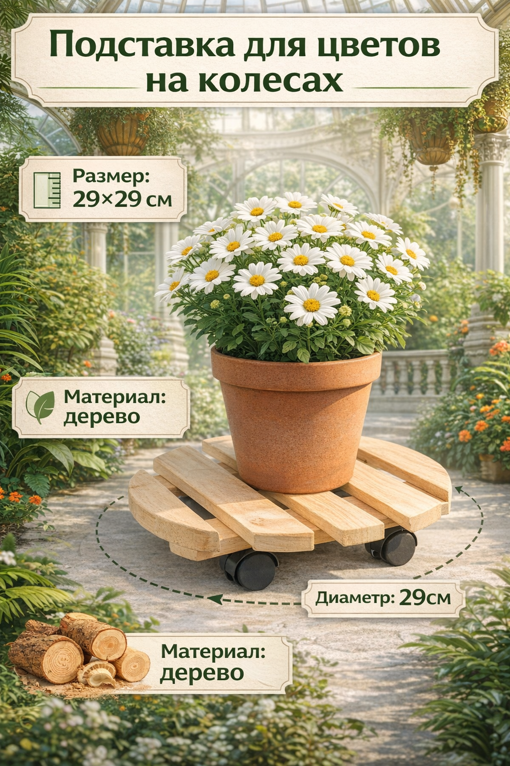 Подставка для цветов, на колёсиках, бежевая, диаметр 29 см, дерево