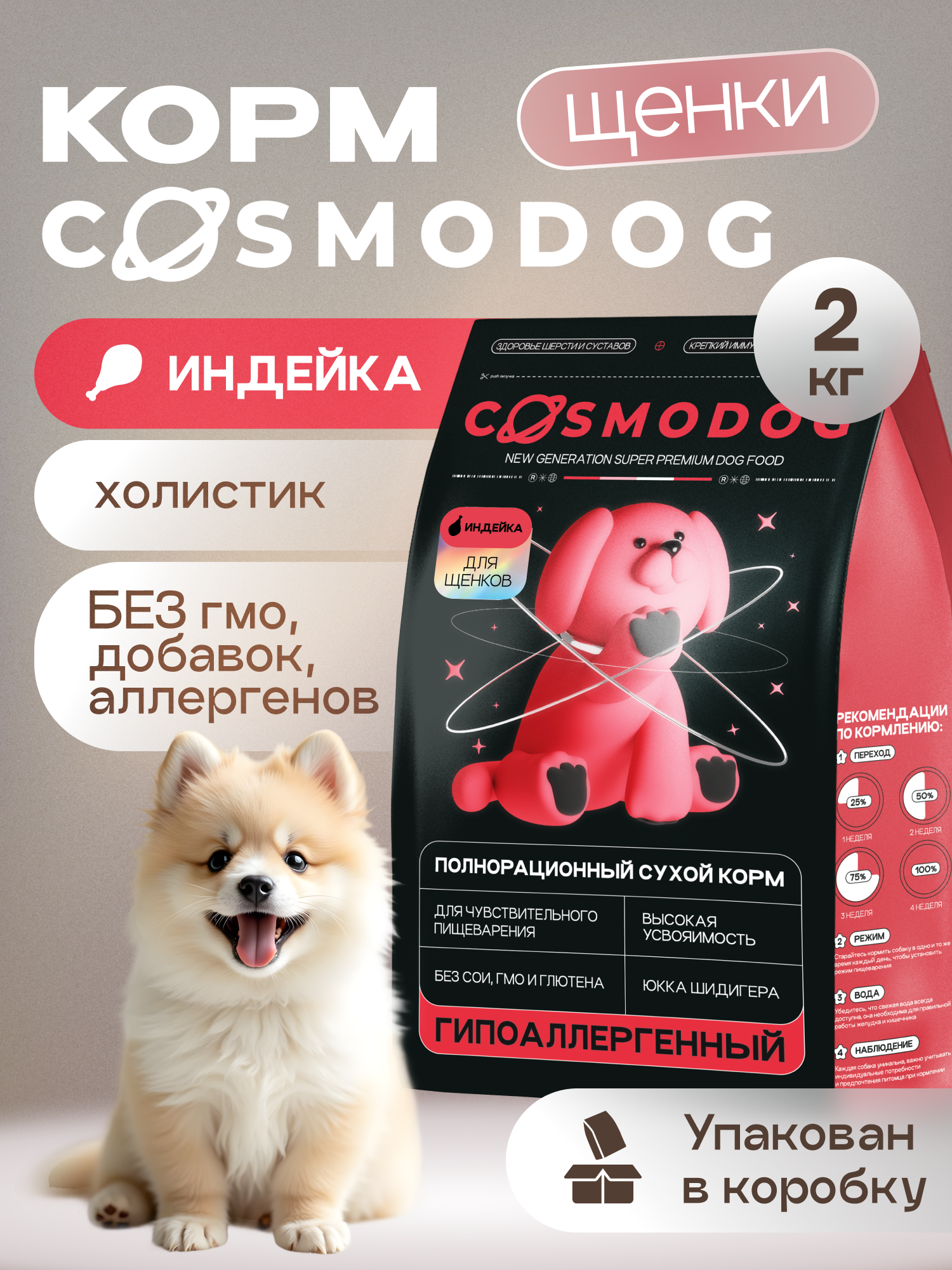 Сухой корм для щенков премиум класса Cosmodog 2 кг, для мелких и крупных пород с индейкой, гипоаллергенный холистик