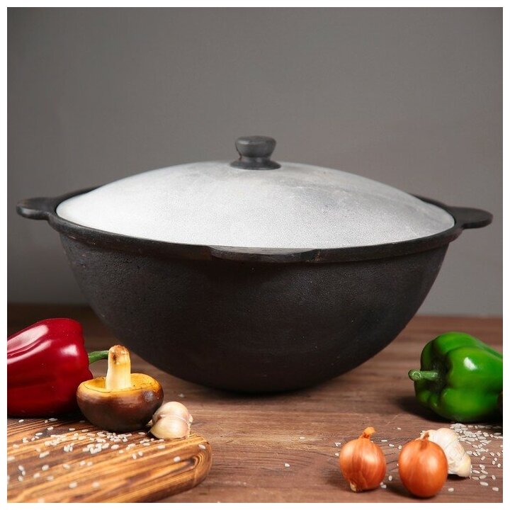 Казан чугунный, 10 л, круглое дно, алюминиевая крышка 3306523