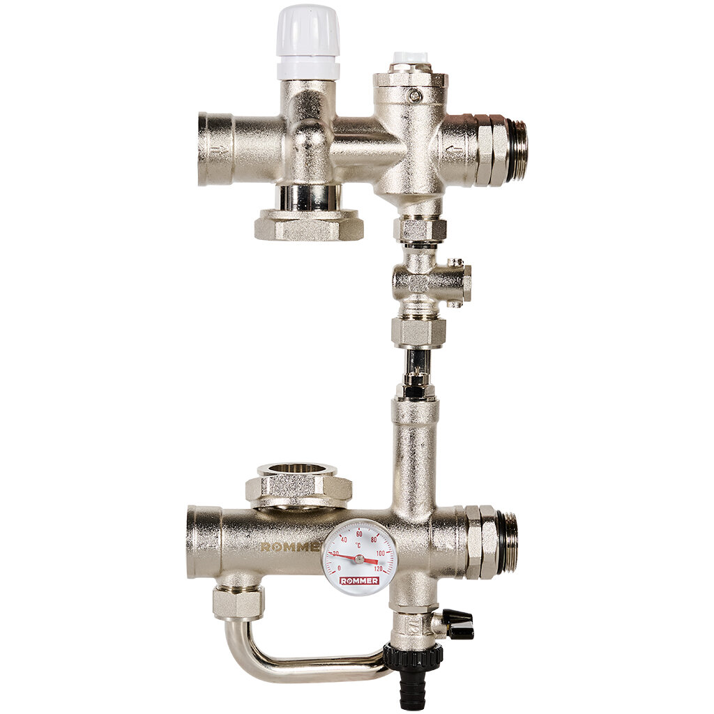 Насосно-смесительный узел ROMMER проходной с термоголовкой и перепускным клапаном, без насоса