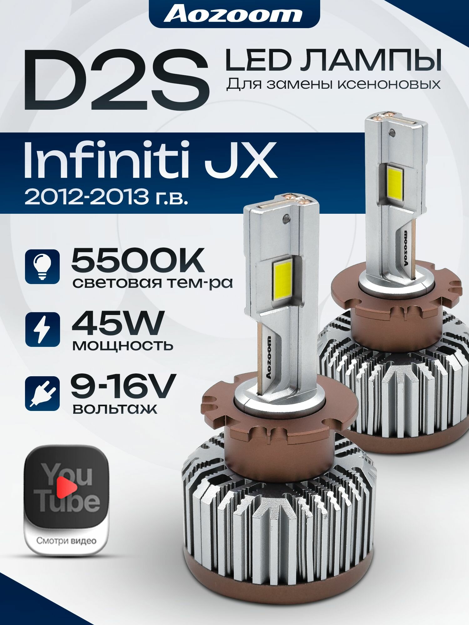 Лампы светодиодные Aozoom D2S на Infiniti JX 2012-2013 / Лед лампы взамен штатного ксенона Д2С для Инфинити JX