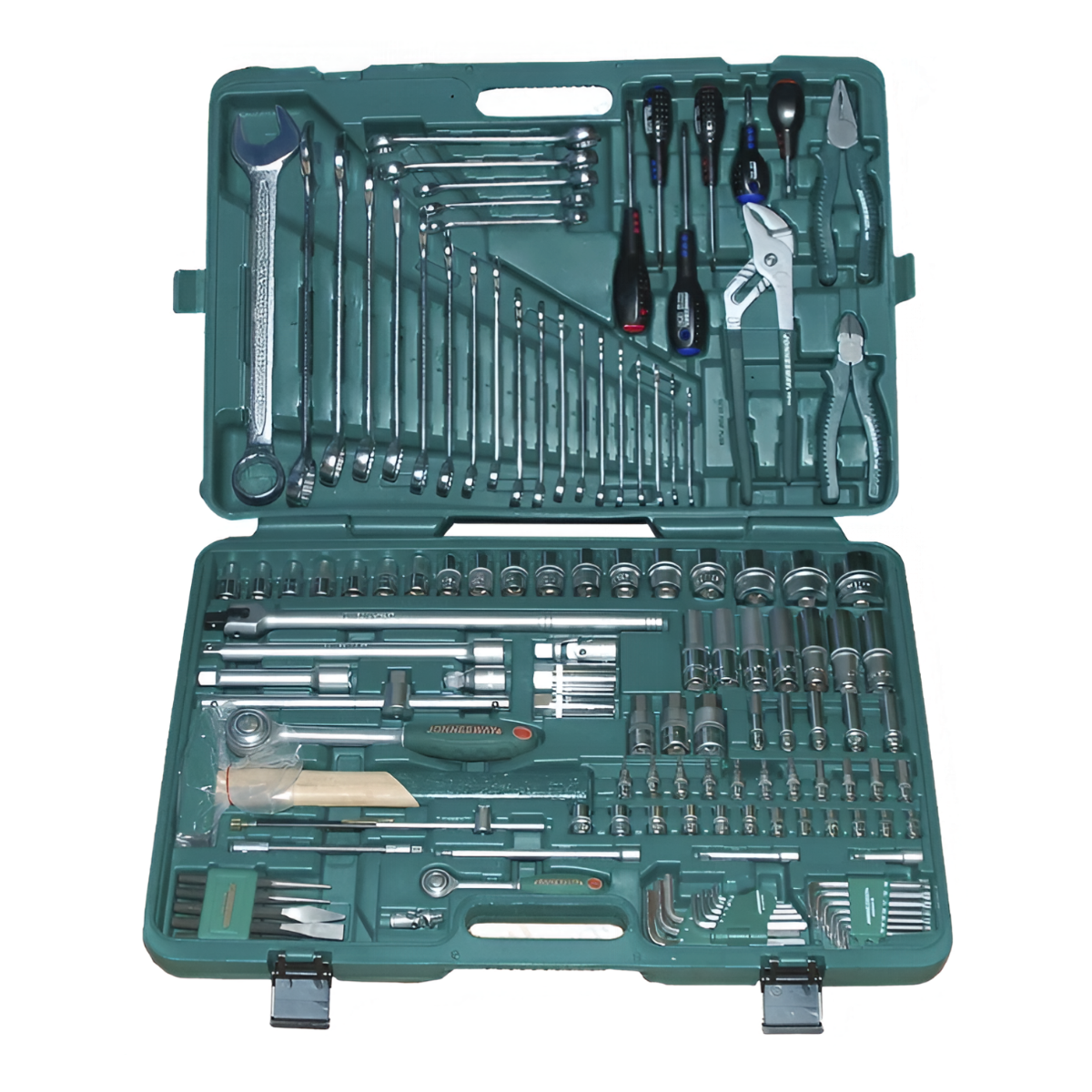 Набор инструментов Jonnesway S04H524128S в зеленом кейсе 128 предметов для слесарных, автомобильных работ
