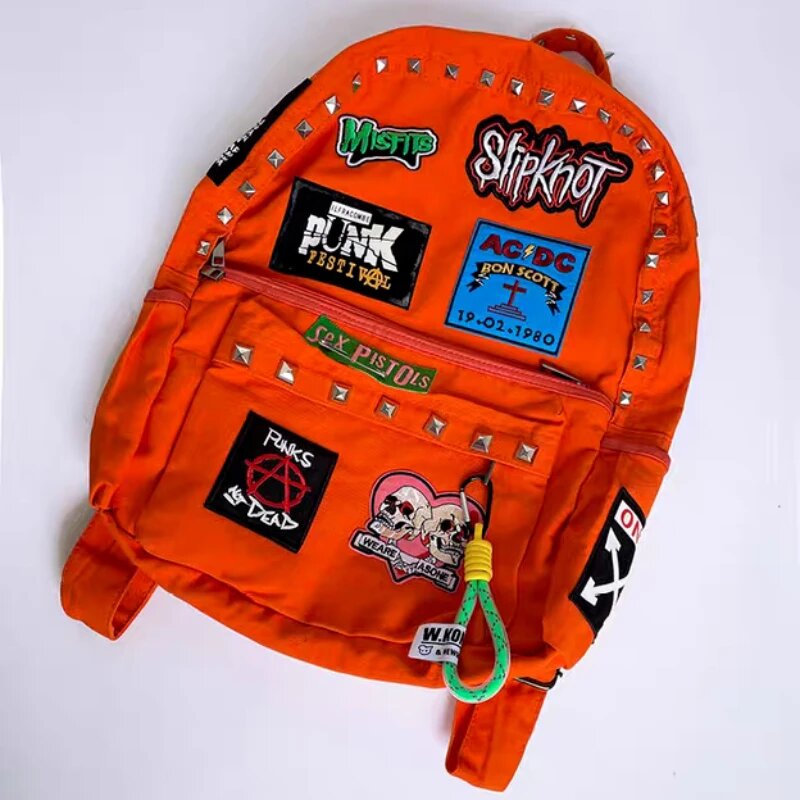 Y2k Эстетические рюкзаки Панк-рок Рюкзак с вышивкой буквами Винтаж Готические заклепки Оранжевый