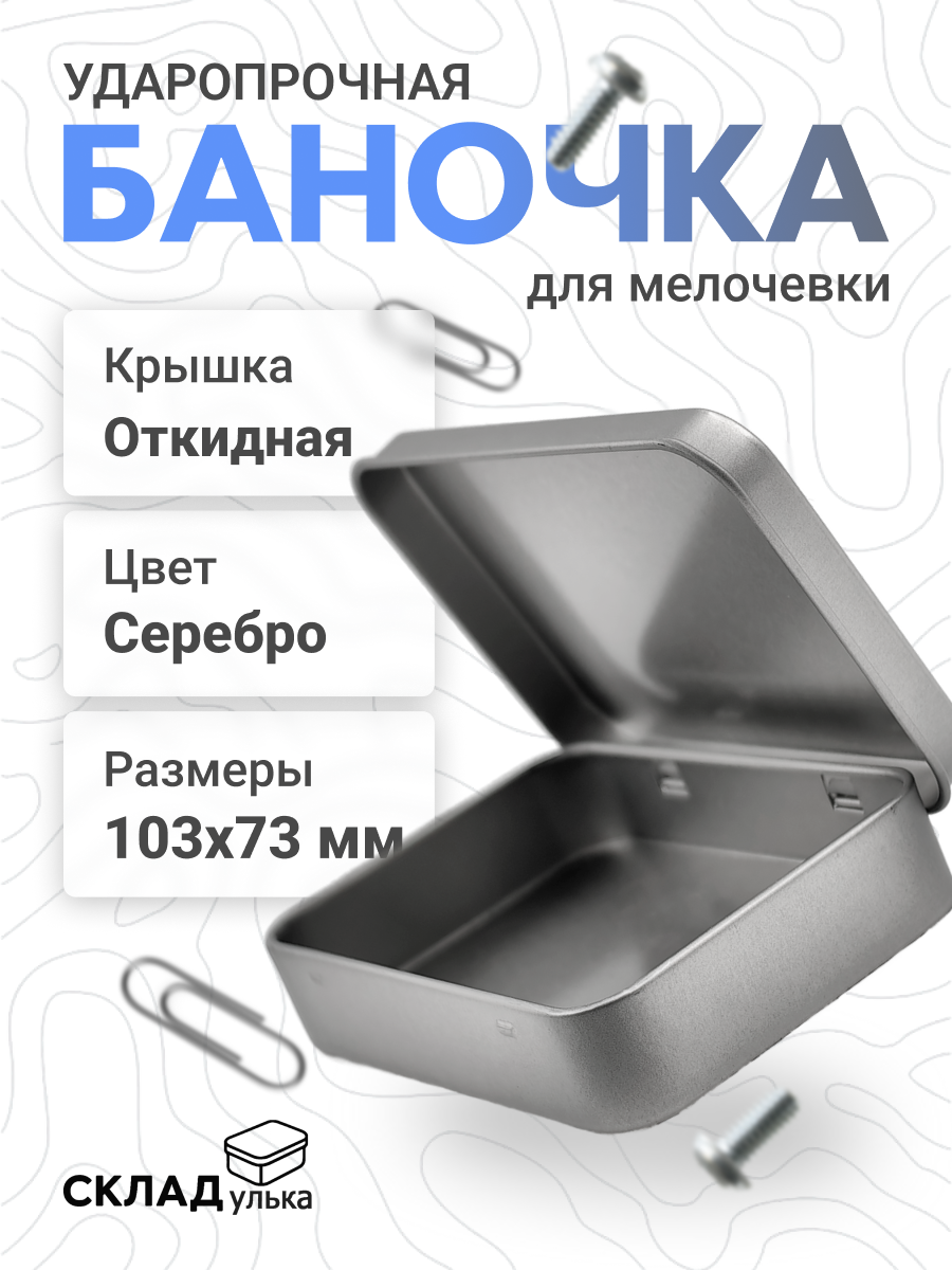 Ударопрочная коробочка для мелочевки с откидной крышкой (103х73х20 мм) серебряная