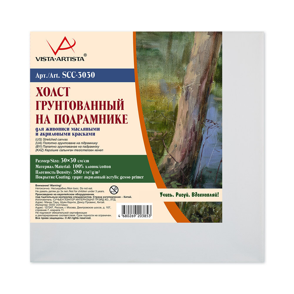 VISTA-ARTISTA холст грунтованный на подрамнике 380 г/кв. м, 100% хлопок, среднезернистый, 30 х 30 см - 2 штуки, SCC-3030