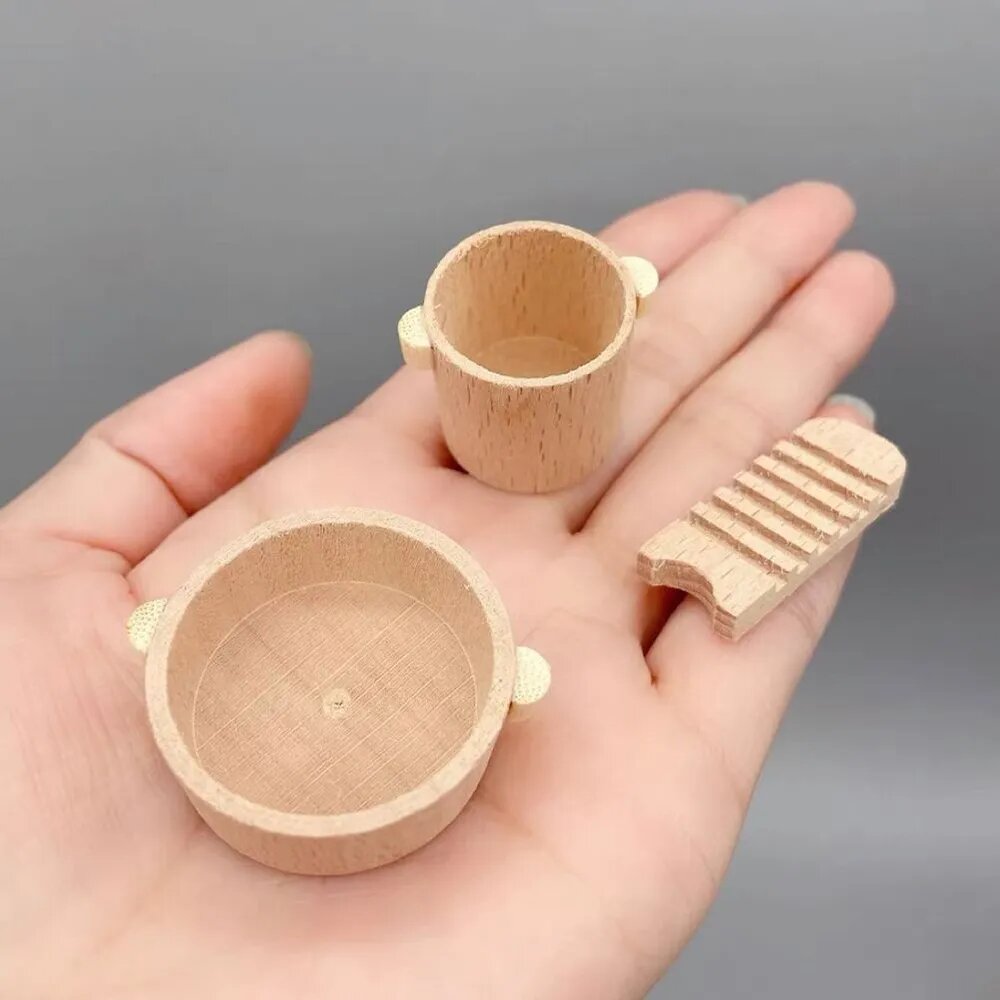 Деревянный мини-набор ванна, доска для стирки, ведро и табурет для украшения кукольного домика