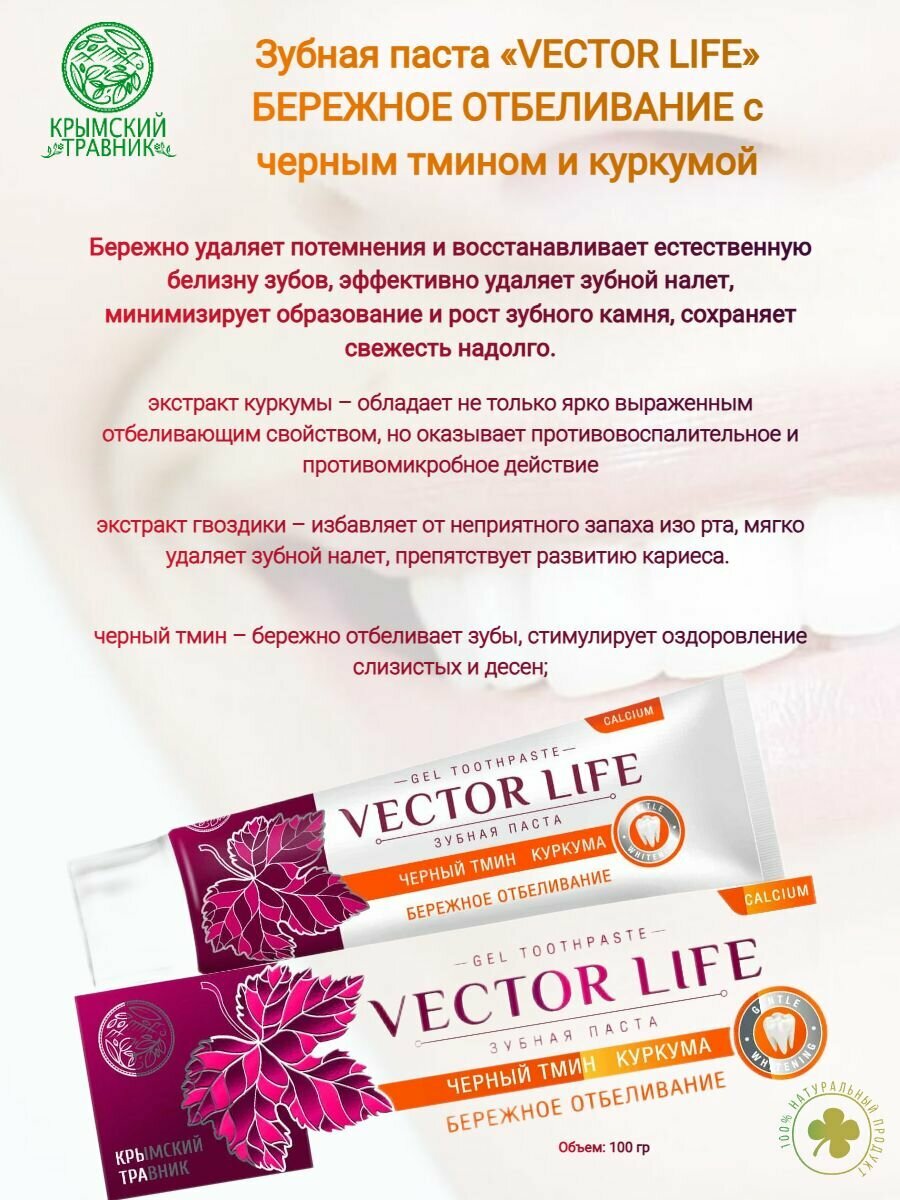 Зубная паста VECTOR LIFE бережное отбеливание с черным тмином и куркумой