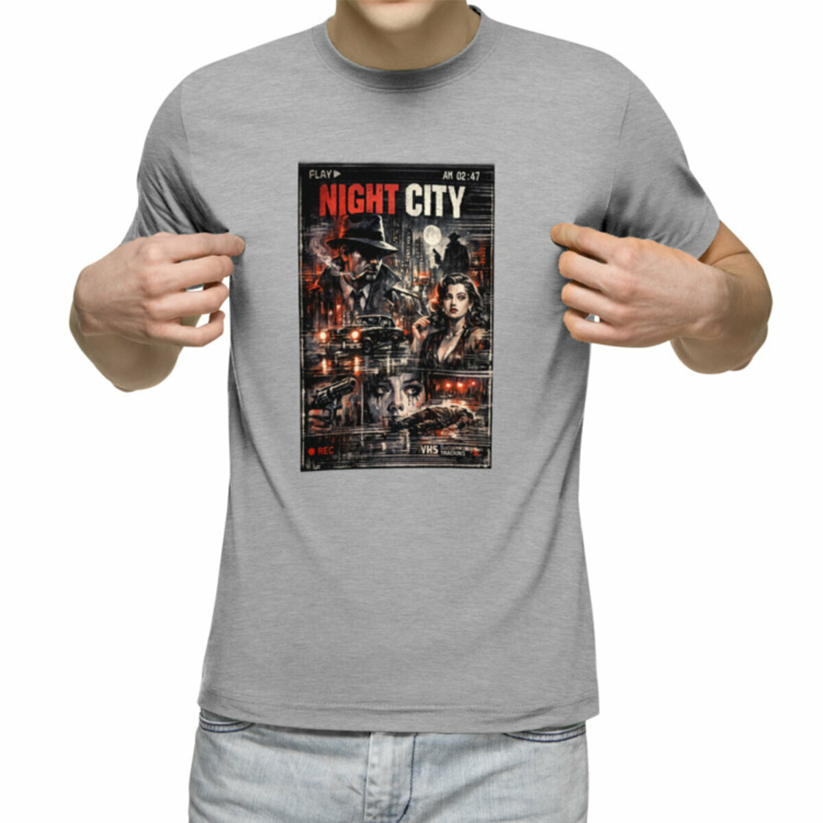 Мужская футболка «Night city в стиле нуар» (серый меланж, M)