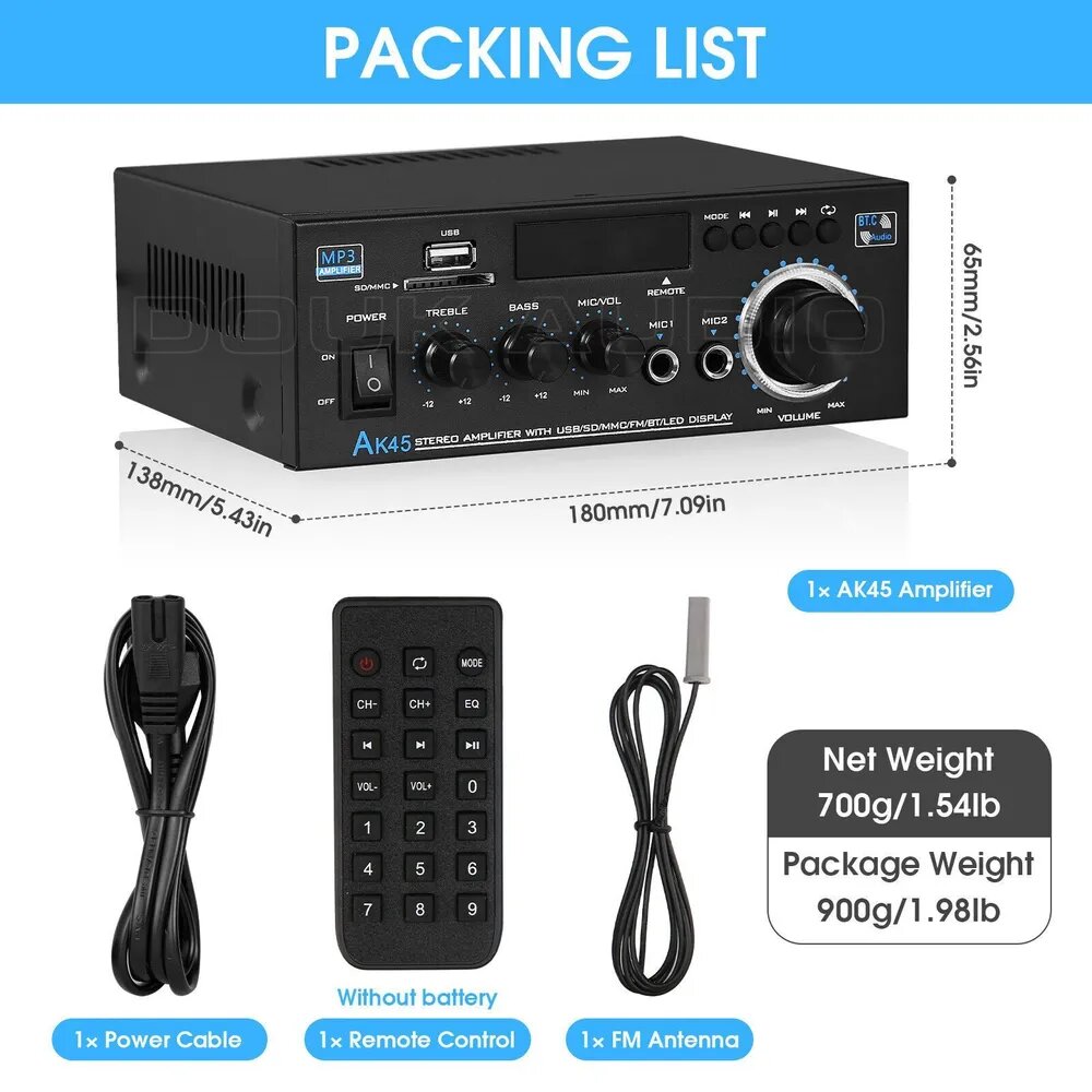 AK45 Stereo Amplifier with USB/SD/MMC/FM/BT/LED Display Black For Amplifier