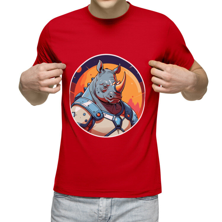 Мужская футболка «Носорог-воин» (красный, 2XL)