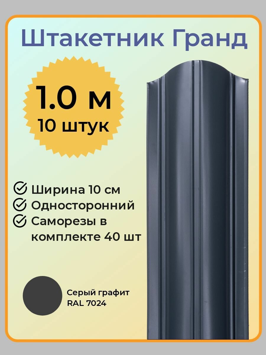 Евроштакетник гранд 1,0 м высота, 10 см ширина, одностороннее покрытие, верх закруглен, комплект 10 штакетин и 40 саморезов, цвет RAL7024 серый графит