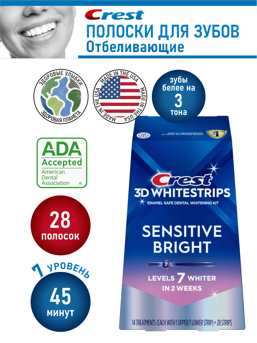 Отбеливающие полоски для чувствительных зубов Crest 3D Whitestrips Sensitive Bright 28 шт./уп.