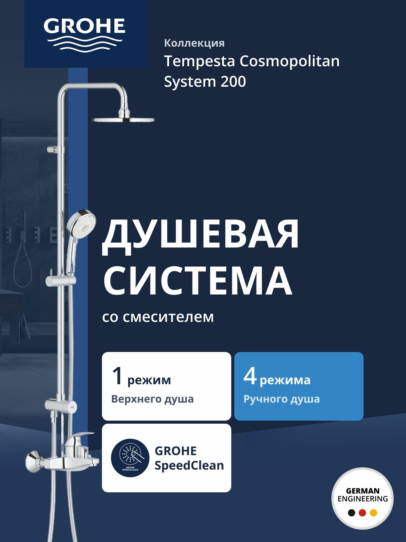 Душевая система GROHE Tempesta Cosmopolitan System 200 с однорычажным смесителем для ванны, хром (26305001)