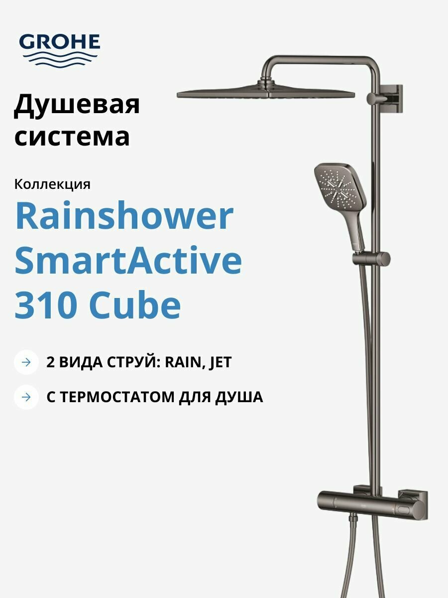 Душевая система с термостатом GROHE Rainshower SmartActive 310, темный графит глянец, (26837A00)