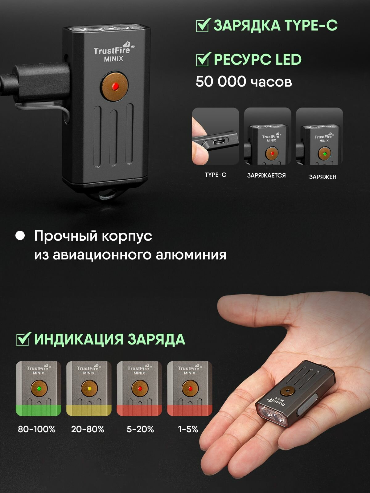 Фонарь TrustFire MINI-X, UV, белый свет, 320 лм, дальность 86 м, компактный, черный — фото 1