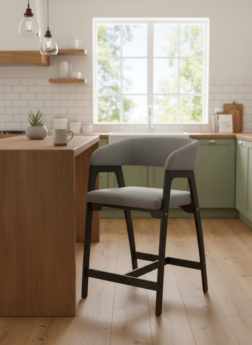 Полубарный стул мягкая посадка с подлокотниками и с мягкой спинкой, серый велюр, ножки темный дуб 54х58х93 см