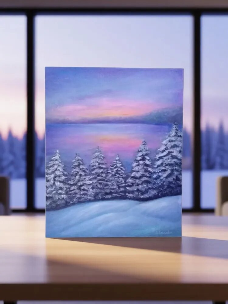 Картина маслом "Зимний пейзаж". Ручная работа. Масло, холст на подрамнике. Размер холста 40*50см.