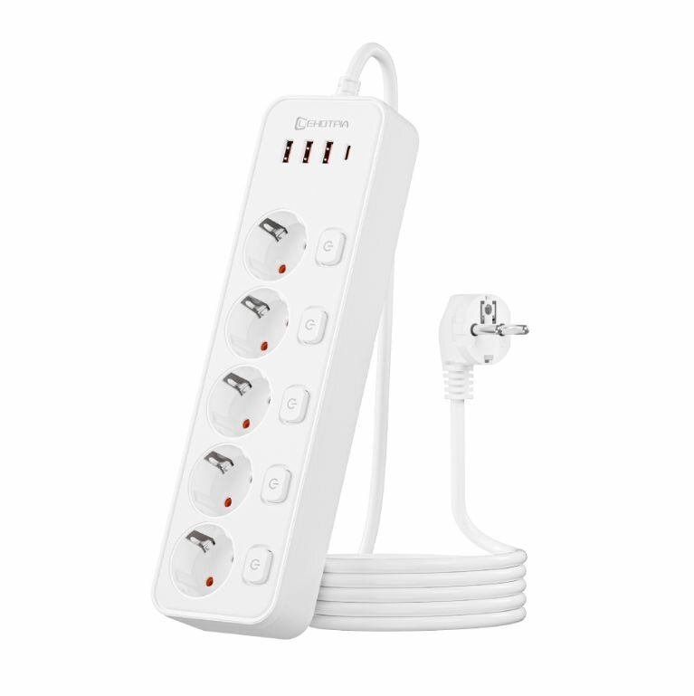 Евроудлинитель для стола с 5 розетками + 4 USB Индивидуальные выключатели PD 20W Матово-белый Кабель 1.8м Безопасный