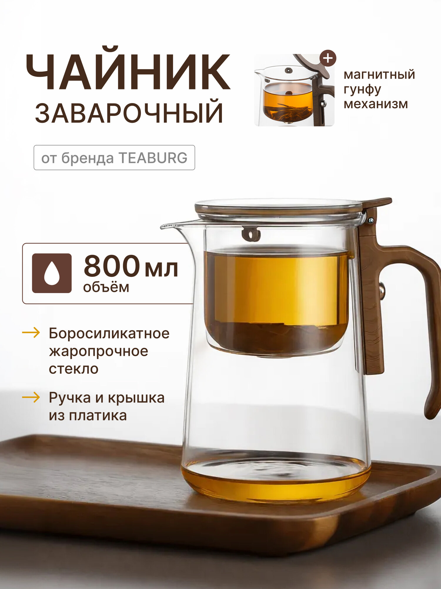 Чайник заварочный гунфу типот TEABURG v2 Premium из боросиликатного стекла, 800 мл
