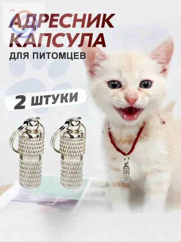 Адресник-капсула для кошек и собак, металлический, 2 шт.