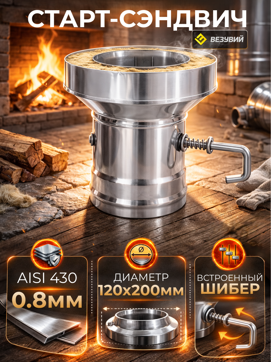 Старт-сэндвич c шибером для дымохода из нержавеющей стали (AISI 430/0,8мм) д.120х200 (ММ)