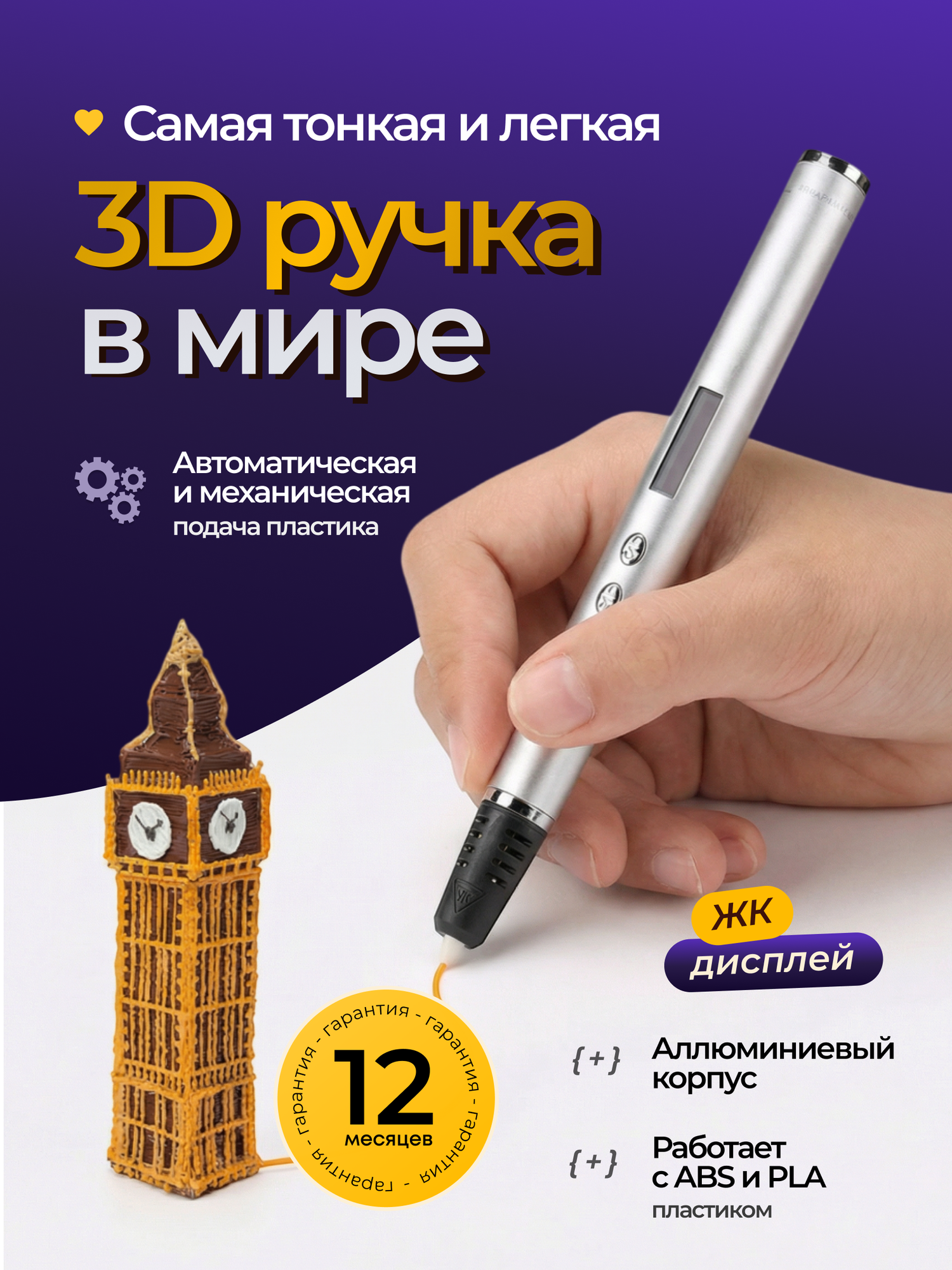 3Д ручки Myriwell 3D-ручка ультратонкая RP900A последнего поколения (Серебристый)
