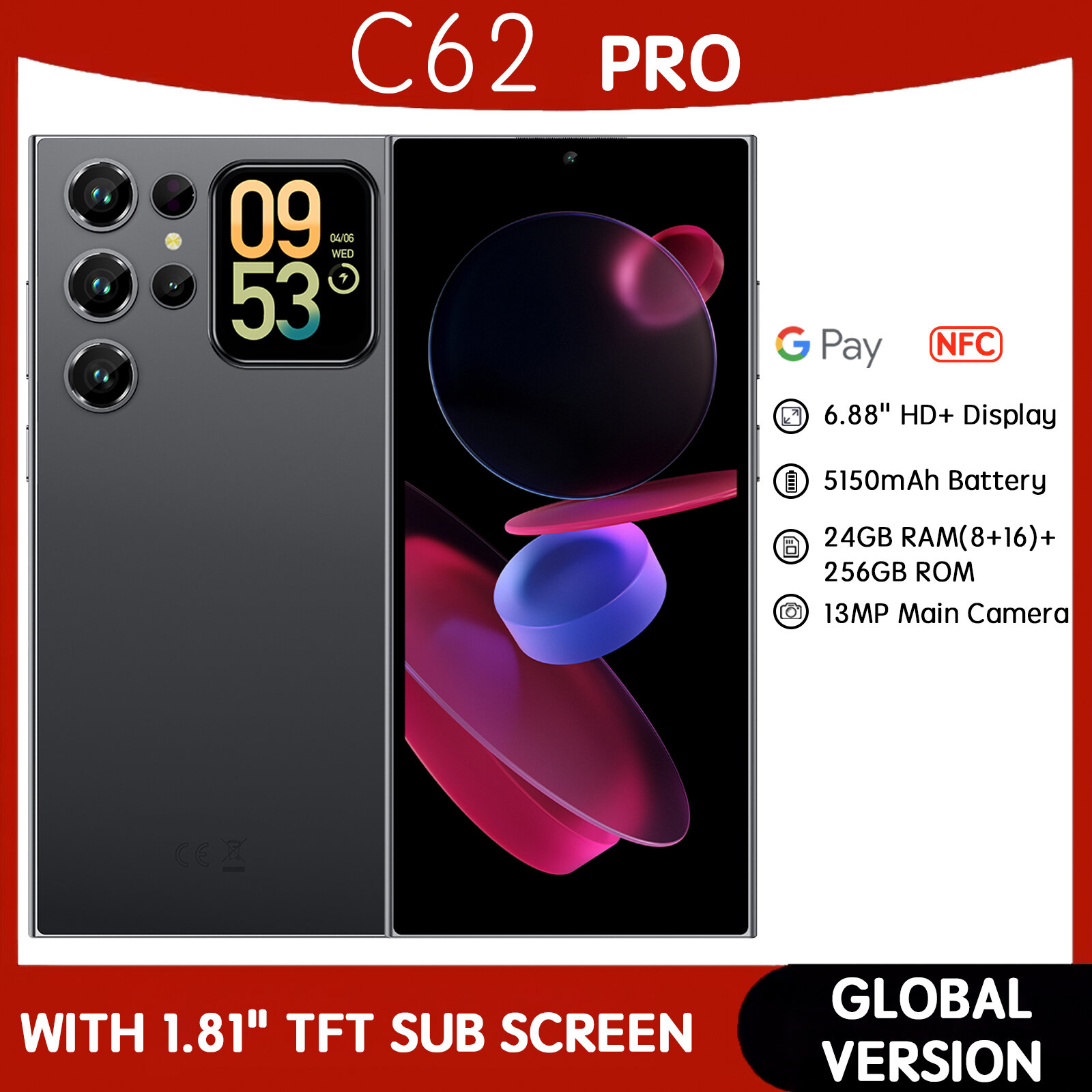 Смартфон Android 15, 6.88" HD+, Unisoc T615, 24ГБ (8+16)+256ГБ, 5150мАч, NFC