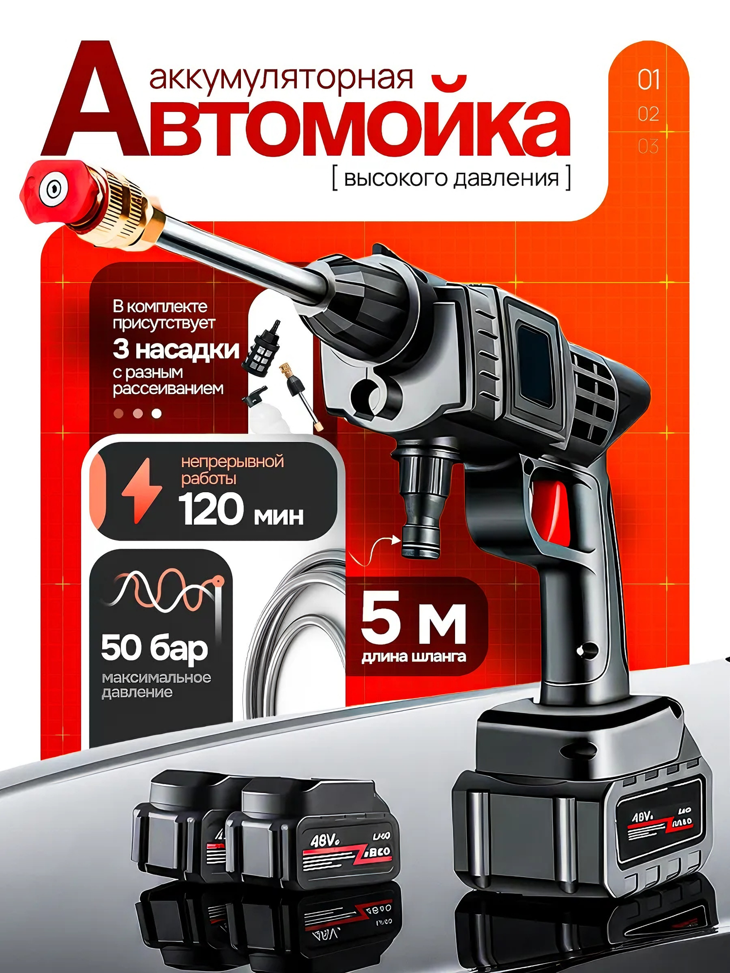 Мойка высокого давления аккумуляторная для автомобиля, для автомобиля, в кейсе 2 аккумулятора
