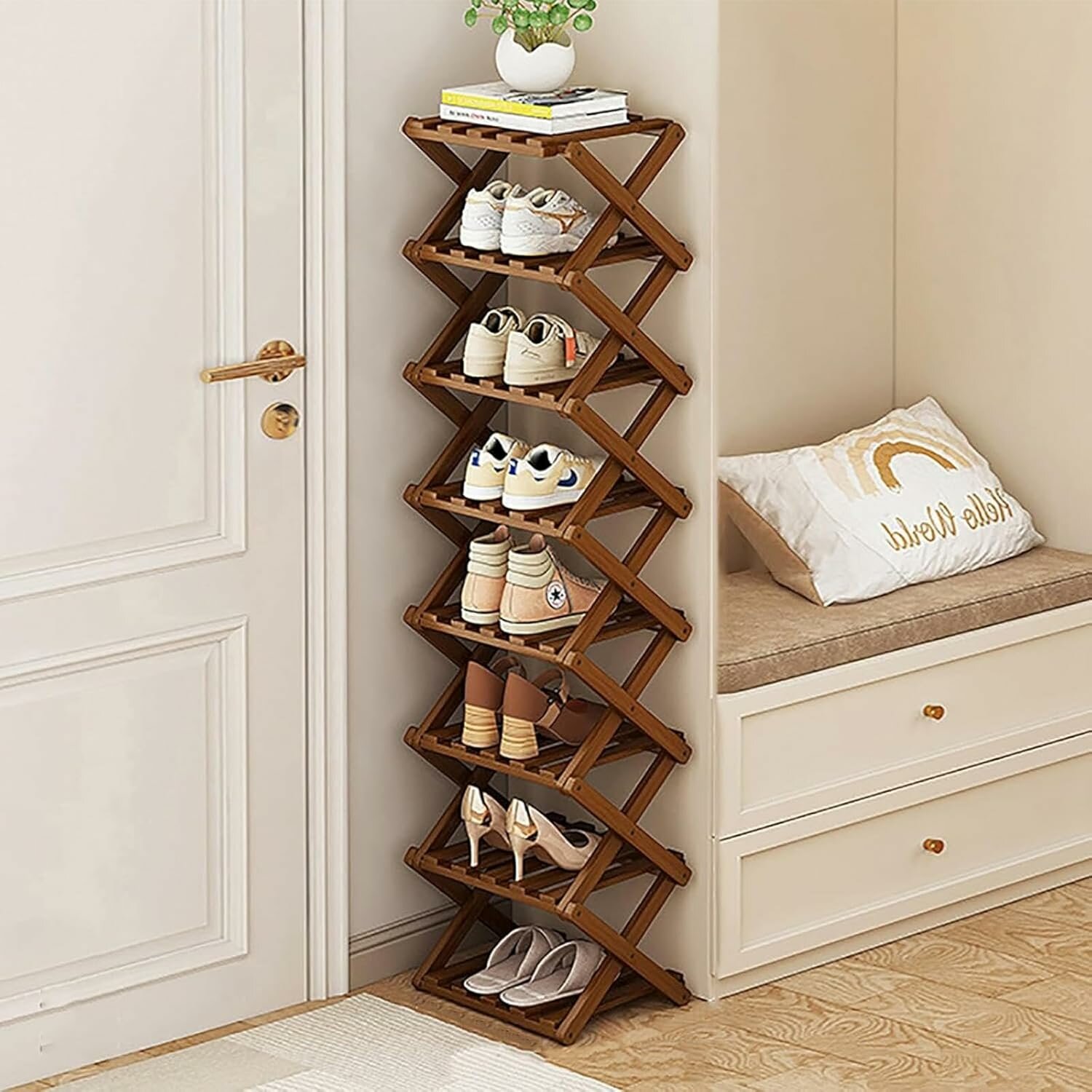 Складная Бамбуковая Обувница: Узкая Конструкция 28 см Для Компактного Хранения В Маленькой Прихожей - Прочная Полка Из Бамбука С Нагрузкой 25 кг На Ярус И Вместимостью 16 Пар Обуви For Семьи Из 3-4 Человек Для Поддержания Порядка