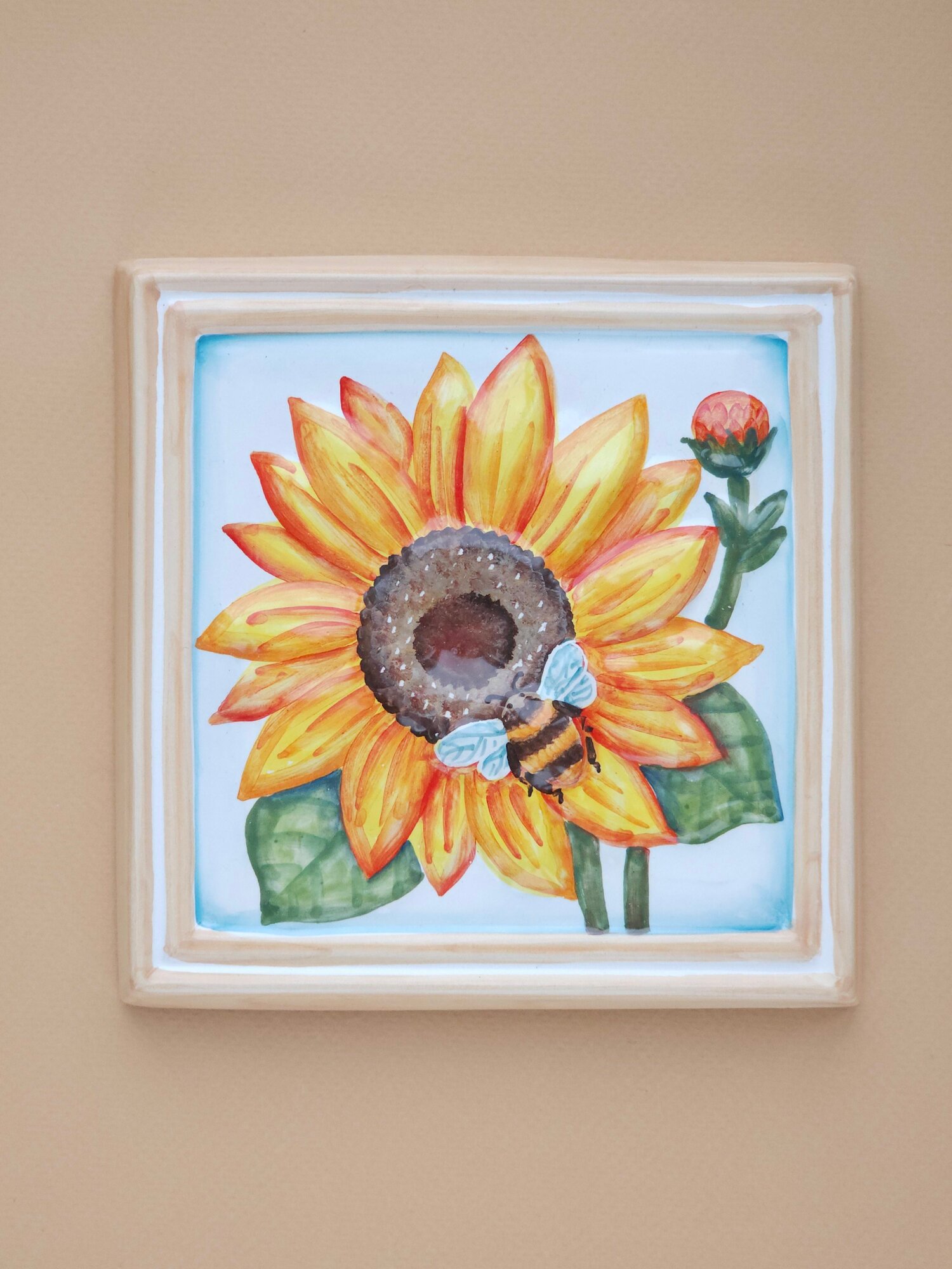 Подсолнух. Панно, изразец, плакетка, украшение настенное интерьерное. Ярославская майолика. Керамика ручной работы. Сделано в России.